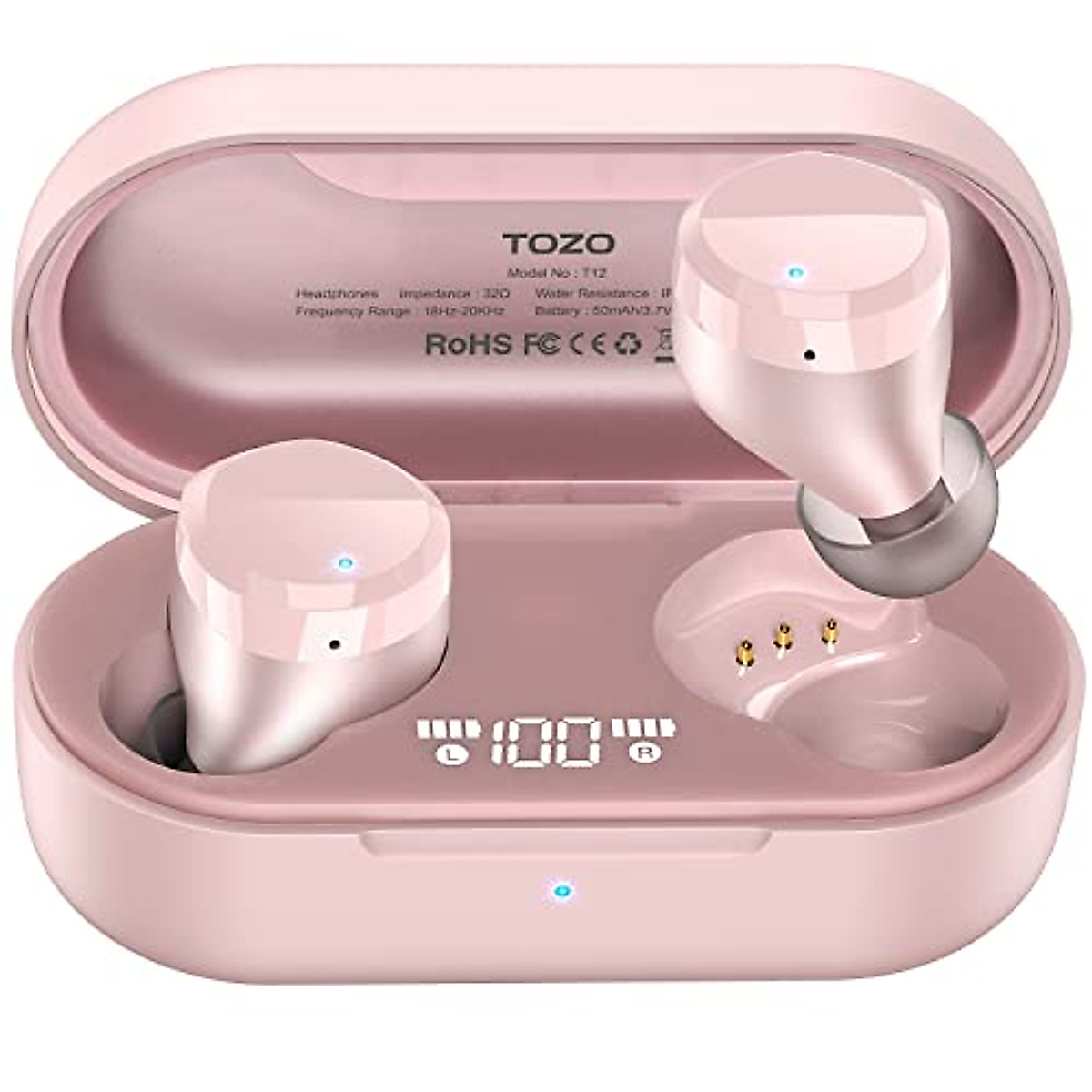 TOZO T12 Wireless Earbuds Bluetooth Headphones Premium Fidelity Sound Quality Wireless Charging Case Digital LED Intelligence Display IPX8 Waterproof Earphones Built-in Mic Headset for Sport Rose-Gold
