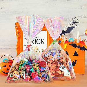 HRX Package 120pcs Iridescent Cellophane Treat Bags with Ties, 6x9 inch Holographic Plastic Goody Bags for Candy Party Favors Small Gifts