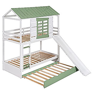 BIADNBZ Wooden Twin Over Twin House Bunk Bed with Convertible Slide and Ladder, Versatile Playhouse BunkBed Frame w/Trundle&Roof&Window for Kids Boys Girls Bedroom, White+Green