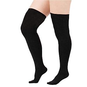 Zando Plus Size Thigh High Stockings Plus Size Long Socks Sexy Cosplay Wide Calf Striped Thigh High Socks Halloween Knee High Socks Girls Warm Socks for Thick Thighs A 1 Pack Black 8-12