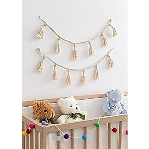 Dahey Wood Bead Garland with Tassels Banner Pom Pom Balls Garlands Decorative Wall Hanging for Boho Home Decor, Baby Shower, Nursey Room, Wedding, Birthday Christmas Party Decorations