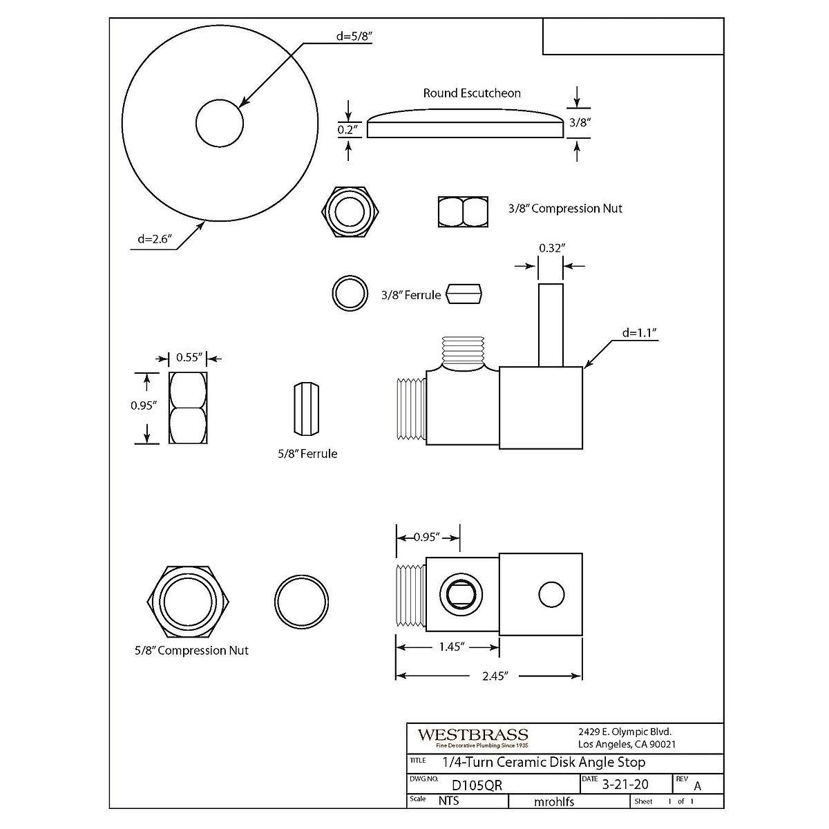 Westbrass A105QR-26 Round Lever 1/4-Turn Angle Stop 1/2" Copper x 3/8" Compression, 1-Pack, Polished Chrome