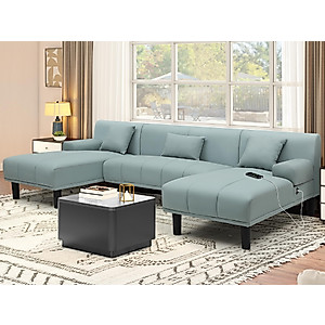 YITAHOME Sectional Couches for Living Room, U Shaped Sofa Faux Leather Modern Modular Couch with USB & Type C Charging Ports Double Chaise and Comfy Upholstered, Blue