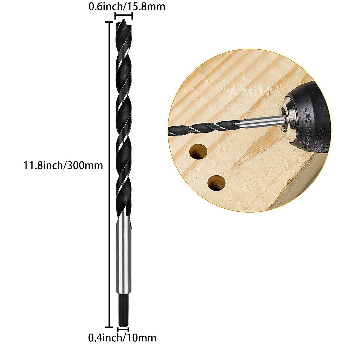 LIVTE 12 Inch Long Brad Point Drill Bit, 5 Pcs 5/8 Inch (16mm Diameter) High Speed Steel Twist Drill Bits for Woodworking, Black, 12inch / 16mm