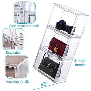 ZLLZUU Purse and Handbag Storage Organizer for Closet, Clear Acrylic Display Case for Collectibles, 3 Pack Plastic Storage Boxes with Magnetic Door for Wallet, Cosmetic, Toys (Large Door)