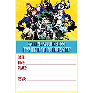 20x My Hero Academy Birthday Invitations and Envelopes – Fill-in Happy Birthday Party Invitations for Kids, 6X4 Inches, Postcard Style