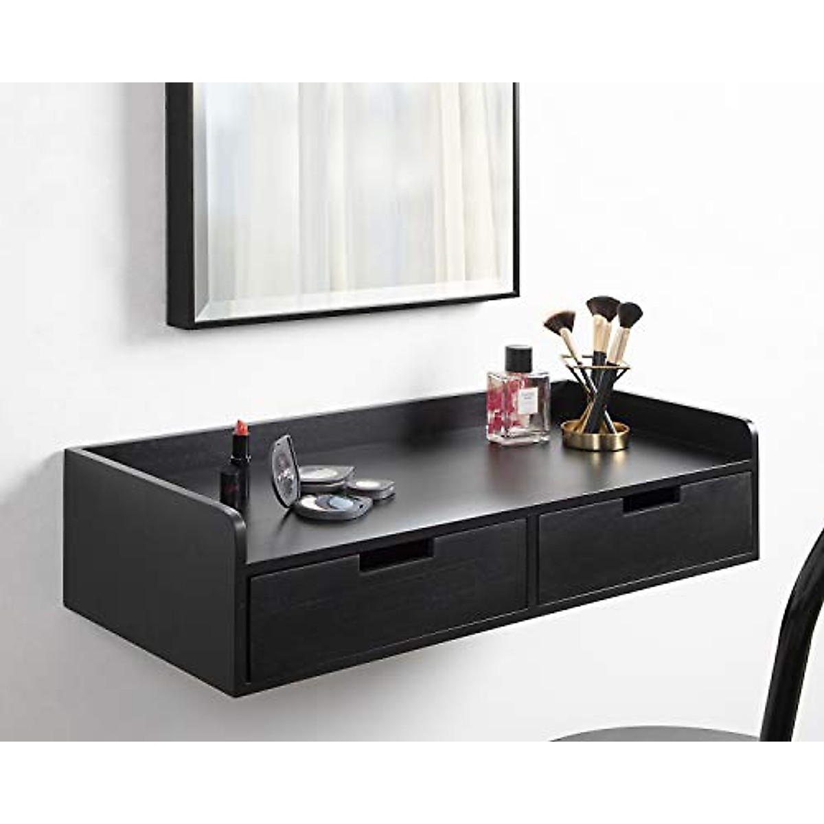 Kate and Laurel Kitt Modern Floating Shelf with Drawers, 28 x 12 x 6.5 inches, Black, Chic Floating Storage Console Table or Desk for Wall