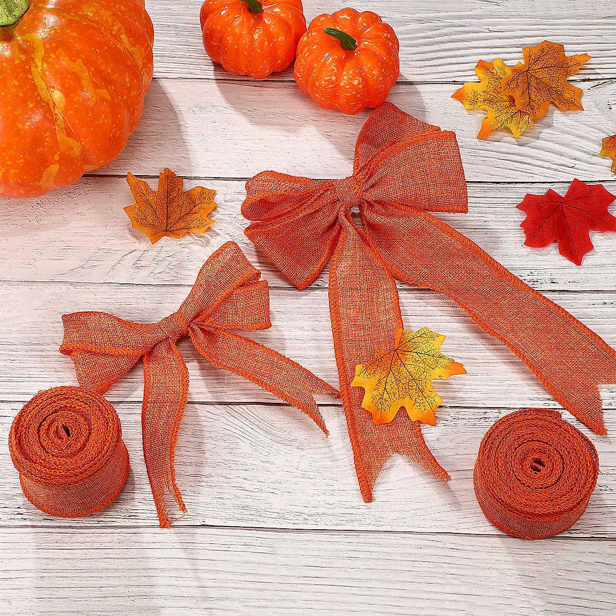 2 Rolls Thanksgiving Burlap Wired Ribbons, 10 Yards 1 Inch 2 Inch Fall Wired Ribbon Rolls for Gift Wrapping Bows Wreaths DIY Crafts Christmas Outdoor Holiday Wedding Decoration (Orange)
