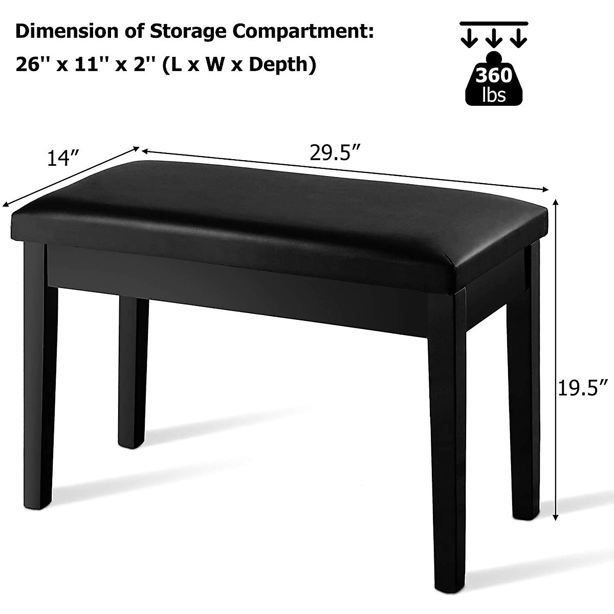 GOFLAME Duet Piano Bench, Black, PU Leather, Solid Wood Construction, Hidden Music Storage, 360 lbs Load Capacity, 29.5" x 14" x 19.5"