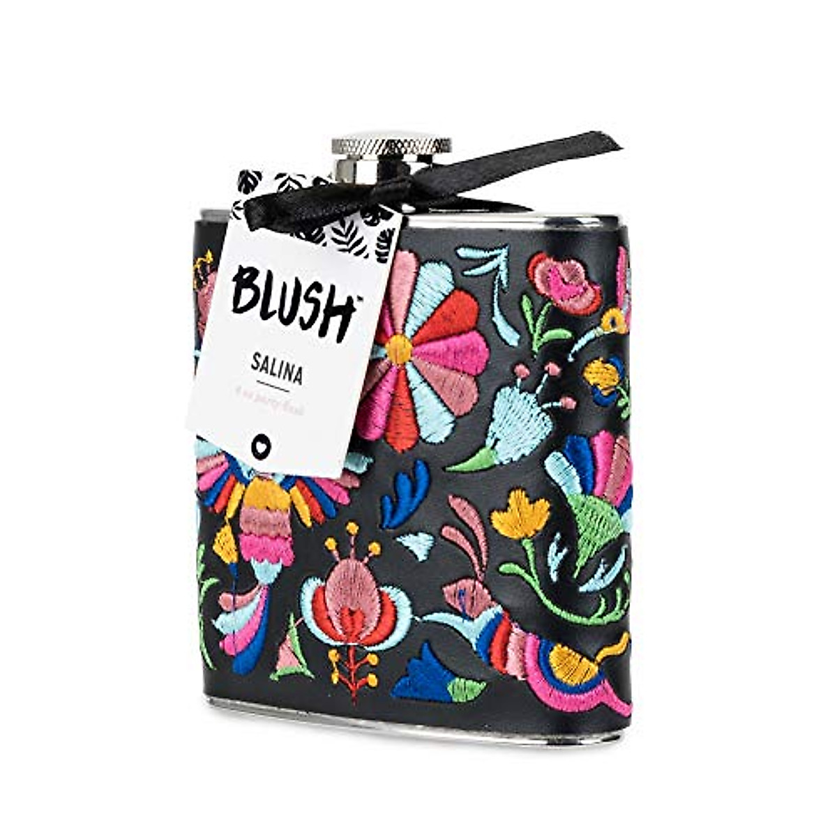 Blush Black Floral Embroidered Flask - Pocket Leather Flask Purse for Women, Whiskey Drinking Flasks, Small Thin Metal Stainless Steel Flasks for Liquor for Women, Wine Accessories - 6 oz, Black