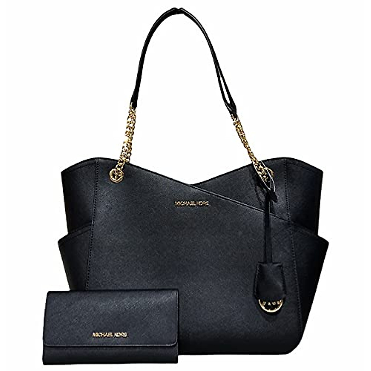 Michael Kors Jet Set Large Chain Tote Black 2021 Bundled with Michael Kors Jet Set Large Black Trifold Wallet