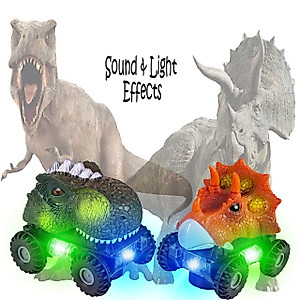 Dinosaur Cars with LED Light & Sound Dino Car Toys Car Gifts Animal Vehicles Monster Truck Playset for Boys Girls Toddles Kids Birthday Gifts Classroom Prize (3 Pack)
