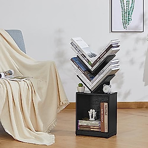 ruboka 2-Shelf Tree Bookshelf with Storage, 26.5-Inch Retro Floor Standing Bookcase Display for CDs/Magazine/Books, Small Bookshelf for Bedroom, Living Room, Office, Black Storage Shelves DESK52B