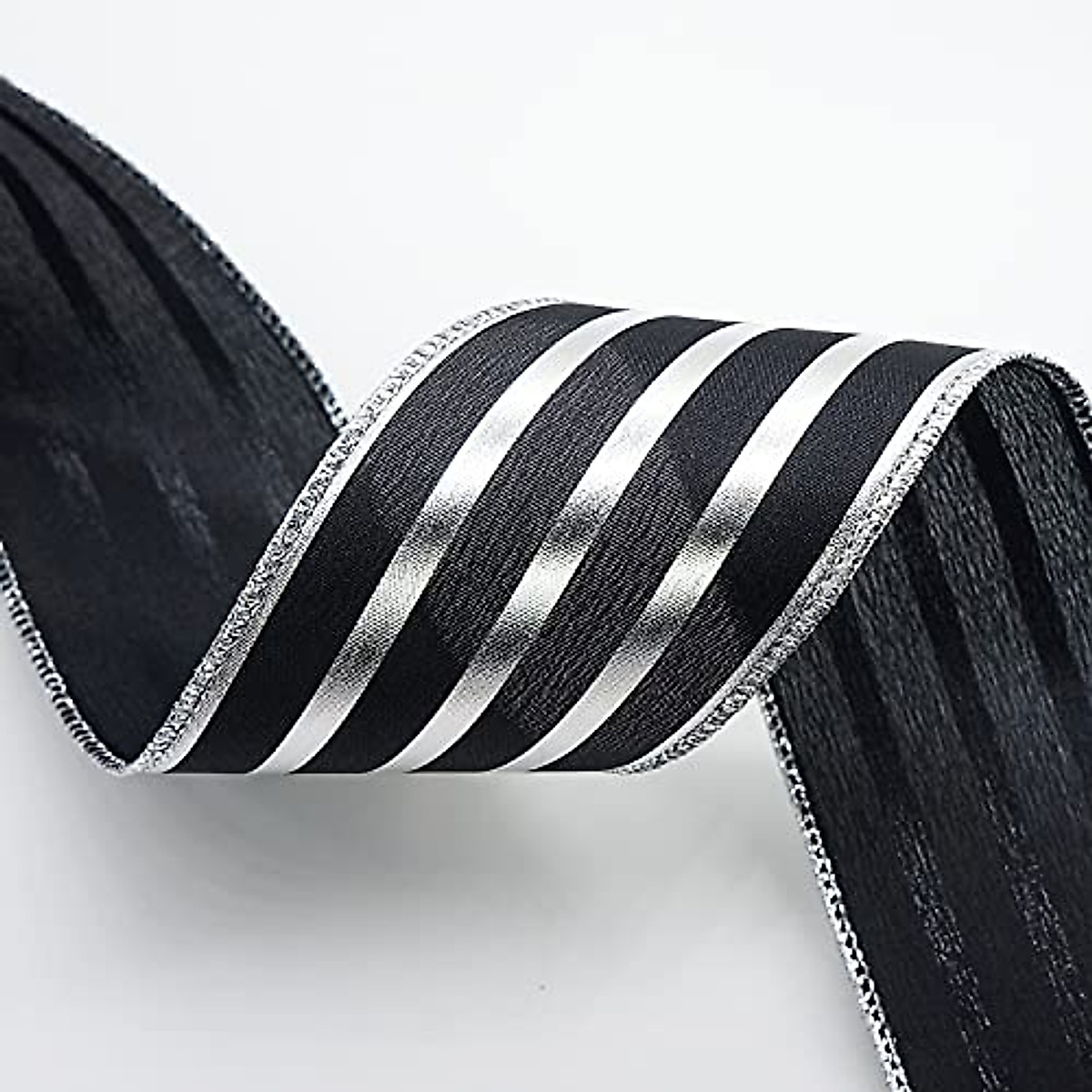 CT CRAFT LLC Black Satin with Silver Stripe Wired Ribbon - 2.5" x 10 Yards for Christmas Home Decor, Gift Wrapping, Bow Making, Wreath, DIY Crafts