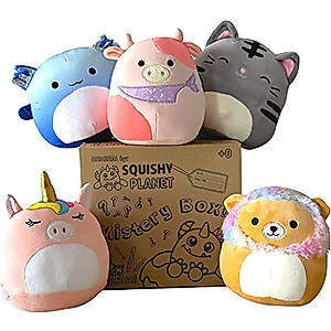 SQUISHY PLANET - 8" Plush Pillow - 5 Pack in Super Mystery Box (+ Pack Crayons) - Decorative Pillows for Bed, Sofá or Chair Cute Plushies Jumbo - Great Gift!