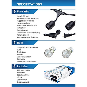 RZSAIDA Light Outdoor String Lights 48 ft Thick Bulb with Hanging Sockets Weatherproof Commercial Grade Bistro Backyard Market Patio Cafe Porch Garden Deck Gazebo Pergola Balcony Exterior Strand