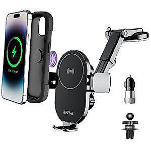 KPON Wireless Charger for Car - Auto Clamping Car Phone Holder Mount Wireless Charging - Dashboard Air Vent Wireless Car Charger Compatible with Popsocket/Otterbox/Thick Cases up to10mm