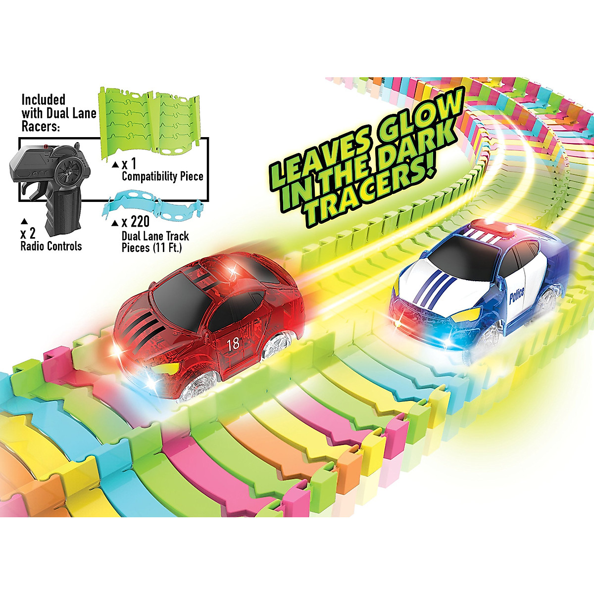 Mindscope Twister Tracks Radio Control Dual Lane Police Chase Glow in The Dark Track Set with 2 Cars and 2 Radio Controls RC