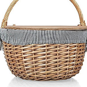 PICNIC TIME - Disney Cinderella Country Vintage Picnic Basket with Lid - Wicker Picnic Basket for 2, (Navy Blue & White Stripe)