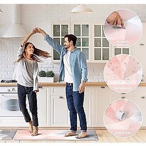 chiinvent Pink Kitchen Rug Set of 2, Anti-Fatigue Pink and Grey Marble Kitchen Mat, Non-Slip Waterproof Comfort Standing PVC Kitchen Mats for Floor, Memory Foam Cushioned Rugs,17.3"x28"+17.3"x47"