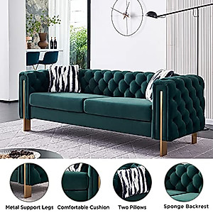 Akrenar Modern Sofa Couches for Living Room, 84 Inches Velvet Button Tufted Couch Upholstered Sofa with 2 Pillows and Metal Legs Decor Furniture for Bedroom, Office (Green)