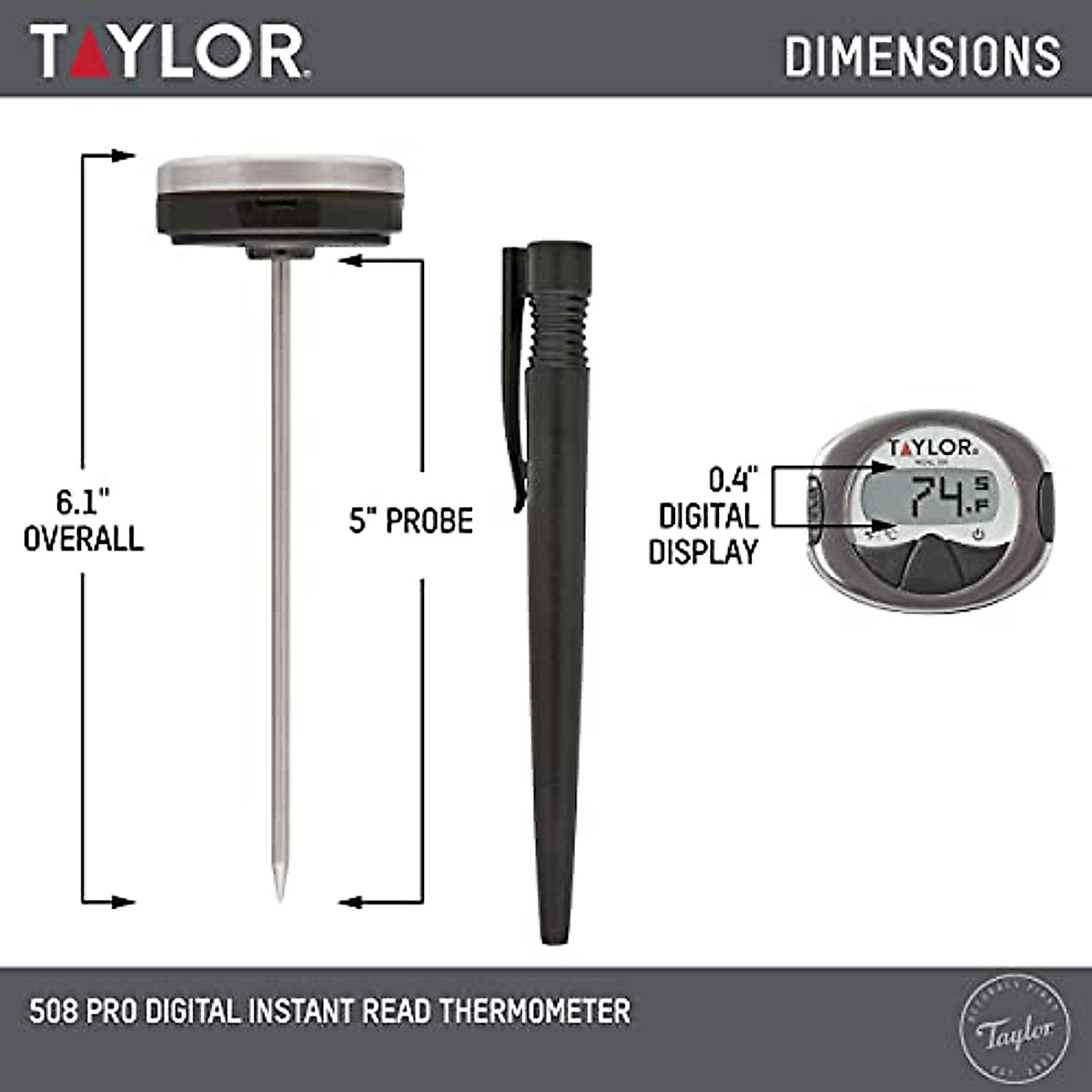 Taylor Pro Dot Matrix Display Oval Instant Read Digital Meat Food Grill BBQ Cooking Kitchen Thermometer, Won't Roll Off Counters, Stainless Steel