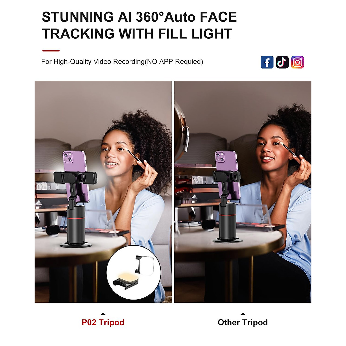 KOSCHEAL Auto Face Tracking Tripod, 360° Rotation with Stand,No App,Body Phone Tracking Tripod with Two Selfie Light,Gesture Control Smart Shooting Camera Mount for Live Vlog Streaming Video Tiktok