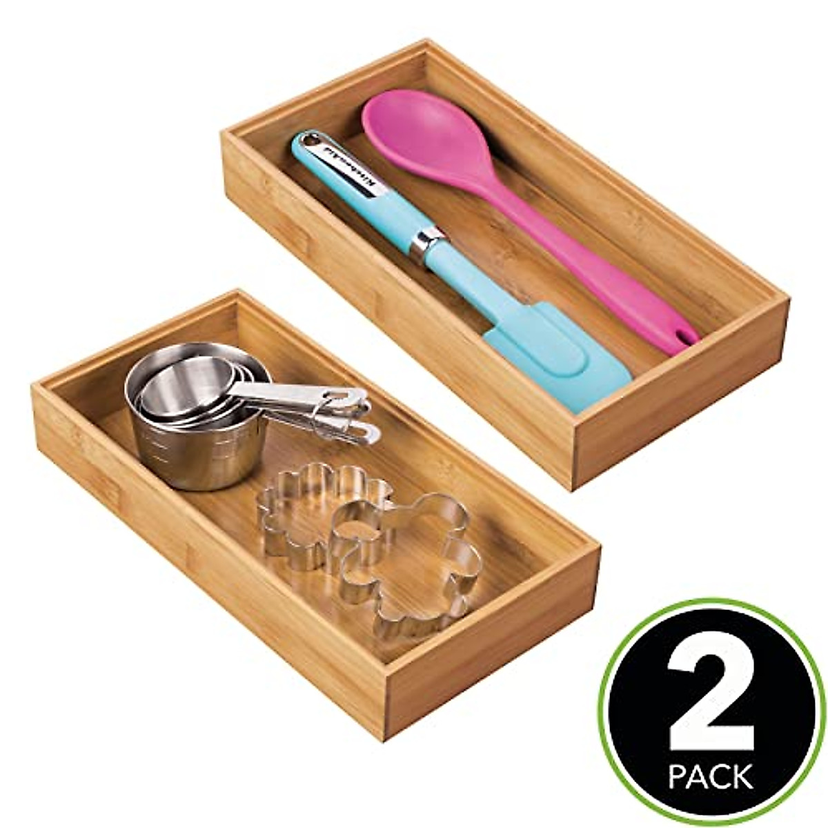 mDesign Wooden Bamboo Drawer Organizer - 12" Long Stackable Storage Box Tray for Kitchen Drawers/Cabinet - Utensil, Silverware, Spatula, and Flatware Holder - Echo Collection - 2 Pack, Natural Wood