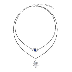 JZMSJF 925 Sterling Silver Fashion Layered Evil Eye Hamsa Hand Charm Blue White CZ Pendant Necklace