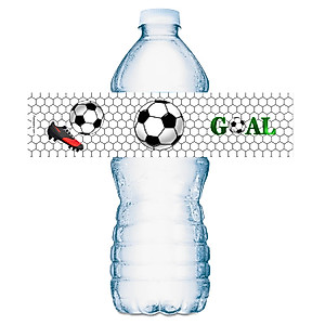 25 Sports Soccer Water Bottle Labels, Waterproof Water Bottle Wrappers, Great Stickers for Birthday Party, Baby Shower, Wedding, Graduation, or Any Family Event Decorations, Made in USA