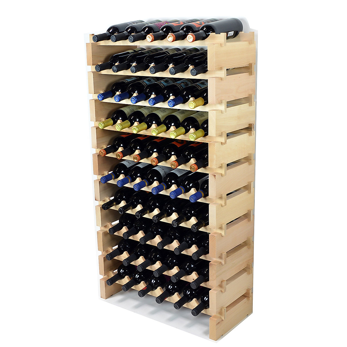 sfDisplay.com,LLC. Modular Wine Rack Pine Wood 24-72 Bottle Capacity Storage 6 Bottles Across up to 12 Rows Stackable Newest Improved Model (60 Bottles - 10 Rows)