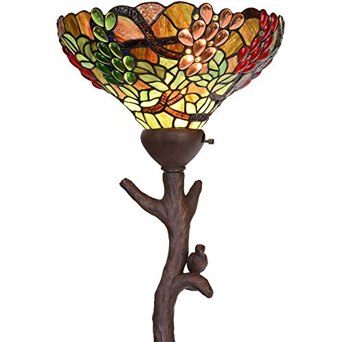 Bieye L10768 Grape Tiffany Style Stained Glass Torchiere Floor Lamp with 14 inches Lampshade, Bird on Branch Base, 70.5 inches Tall