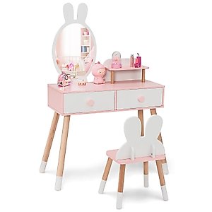KOTEK Kids Vanity Set with Mirror, Wooden Princess Makeup Dressing Table with Stool, 2 Storage Drawers & Display Shelf, Girls Pretend Play Vanity for Toddler (White)