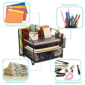 Samstar Desk File Organizer, Multi-Functional Paper Letter Tray Vertical Upright Section for Hanging File Folders,with Pen Holders,Black