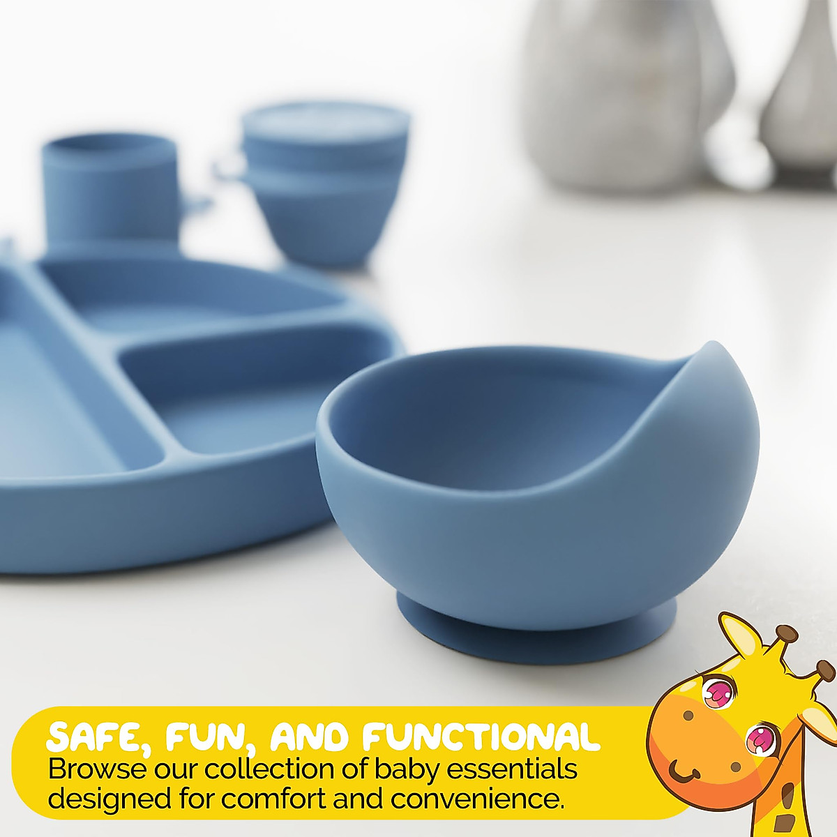 Muqee Peeko Carolina Blue Silicone Baby and Toddler Self-Eating Food Plates Set with Utensils (8 Piece Set)