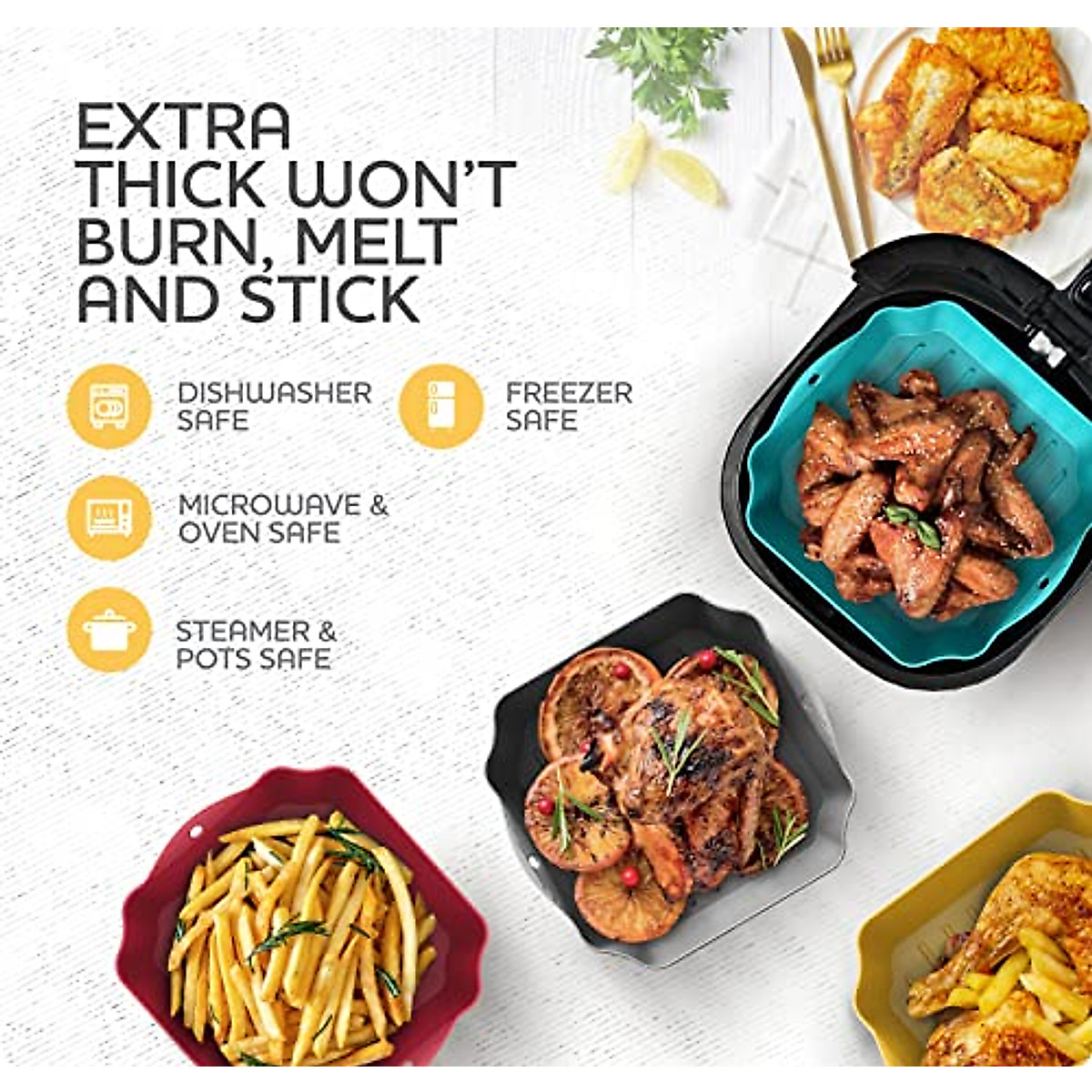 Silicone Air Fryer Liners Set OF 2, Air Fryer Silicone Liners for 3-5QT Air Fryer Tray Baking Oven, 7.5” Reusable Square Air Fryer Liners with Handles & Holes, Air Fryer Inserts, Air Fryer Accessories