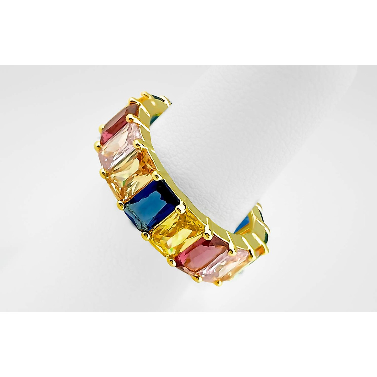 ORENTINI 18K Gold Plated Eternity Rainbow Ring Band For Women with Multi-Color Emerald Cut Cubic Zirconia Gemstones Wedding Band Engagement Anniversary