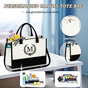 QLOVEA Womens Tote Bag, Initial Canvas Bag with Pockets and Shoulder Strap, Personalized Beach Bag with Zipper Birthday Gifts for Friends Female Monogrammed Gifts Reusable Gift Bag Letter J