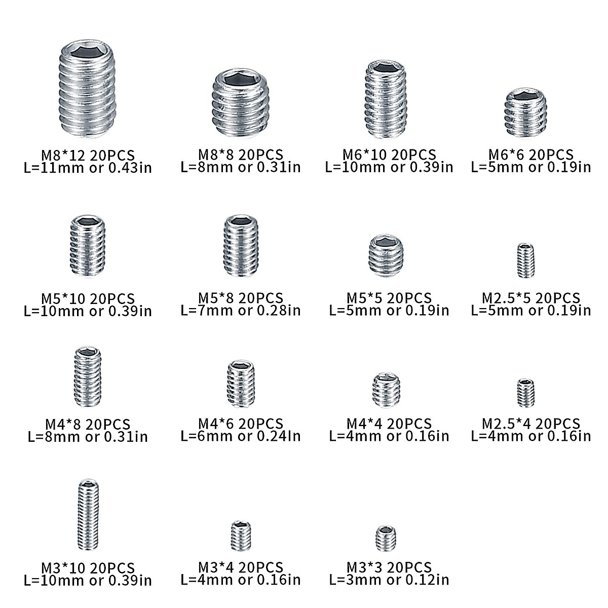 300 Pcs Hex Allen Head Socket Hex Screw Set Assortment Kit, M2.5/M3/M4/M5/M6/M8 Grub Screws, Internal Hex Drive Cup Screws for Door Handles, Faucet, Light Fixture Screws (Silver)