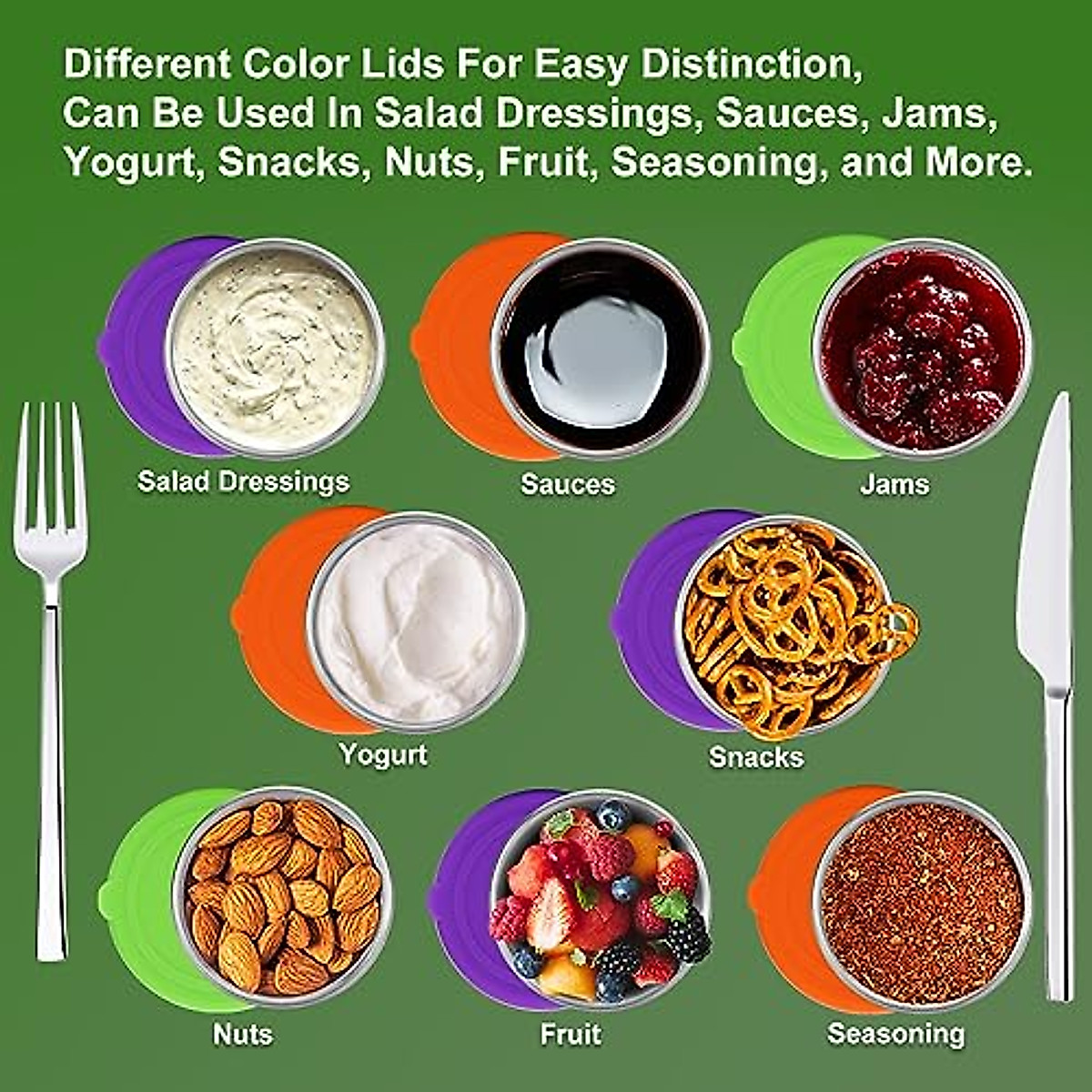 Soleebee 3 Pack Salad Dressing Containers to Go, 2.4oz Small Travel Condiment Containers, Reusable Stainless Steel Dipping Sauce Cups with Leakproof Silicone Lids for Bento Box (Purple/Green/Orange)