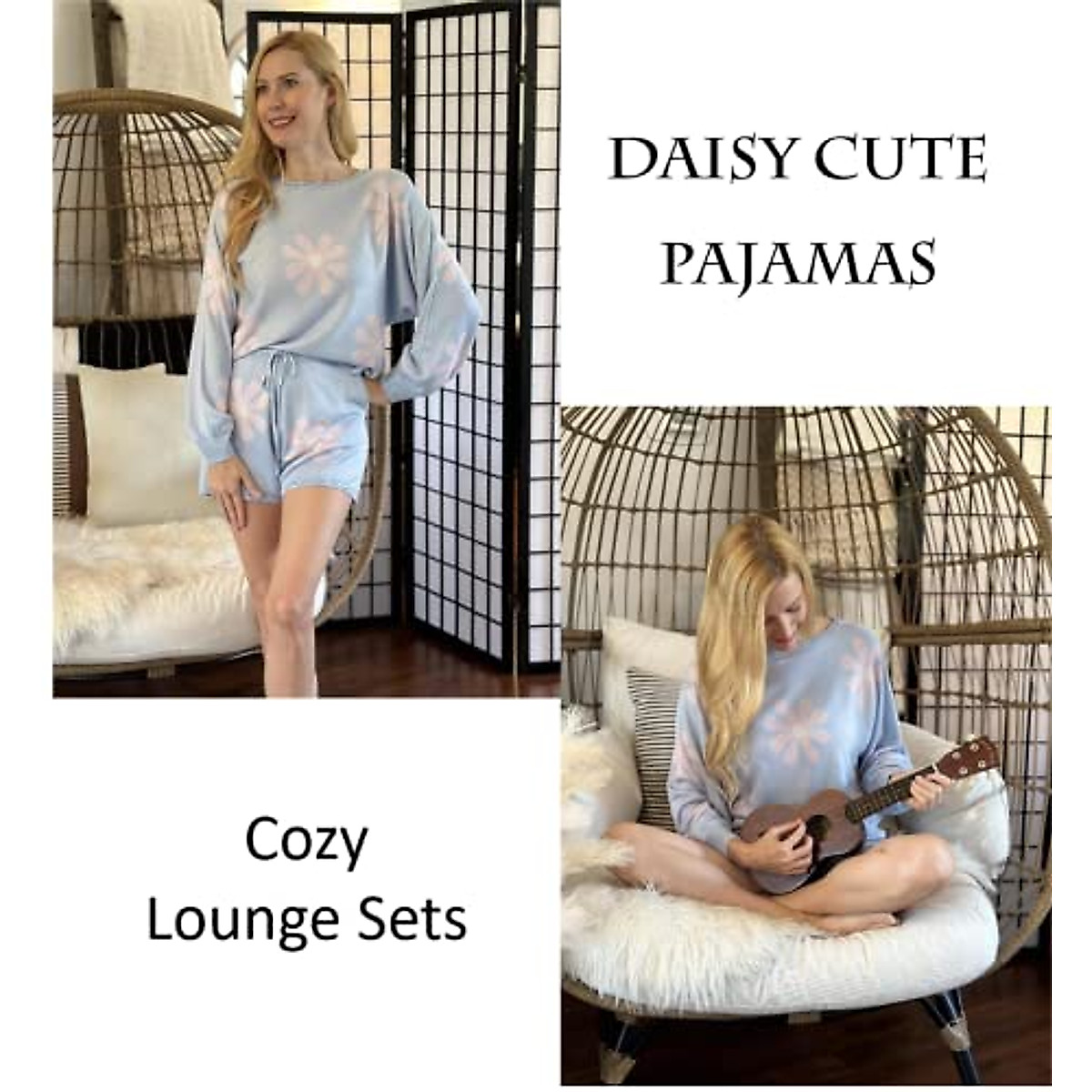 Ekouaer Lounge Sets for Women Pajama Sets for Women Soft Long Puff Sleeve Two Piece Knit Outfits Sweat Sets Floral Blue Large