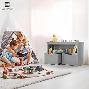 CAPHAUS Toy Storage Organizer with 2 Wheeled Drawers, White, Playroom Organization and Storage, Floor Toy Box with Wheels and Shelf, for Kids, Boys and Girls, Nursery, Playroom and Bedroom