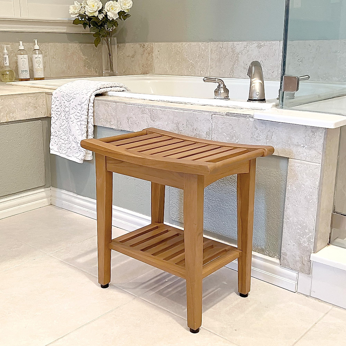 Spateak Kasa Solid Teak Indoor Outdoor Shower/Bath/Spa Stool Bench with Bottom Shelf, Fully Assembled, DB-916