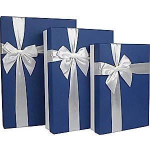 Cypress Lane Rectangular Rigid Gift Box with Ribbon, a Nested Set of 3 (White/Blue)