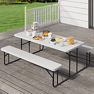 YITAHOME 6FT Large Folding Picnic Table w/Easy Assembly Steel Frame & Wood Like Tabletop, All Weather Folding Picnic Tables with benches Ideal for Yard Patio Lawn Party, White