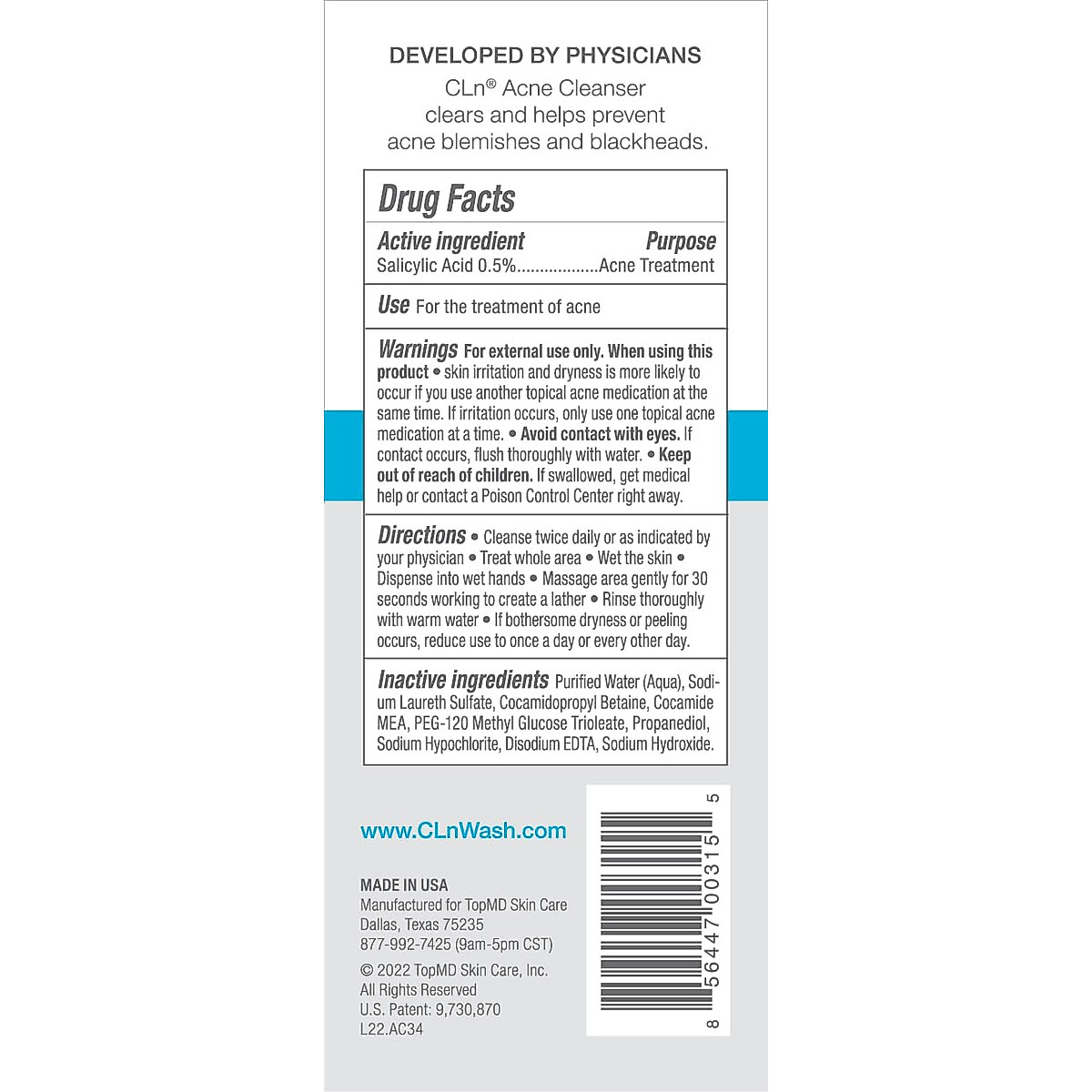 CLn® Acne Cleanser-Facial Cleanser with 0.5% Salicylic Acid to Eliminate Blackheads & Breakouts, Oil-Free & Fragrance-Free, 3.4 fl. oz.