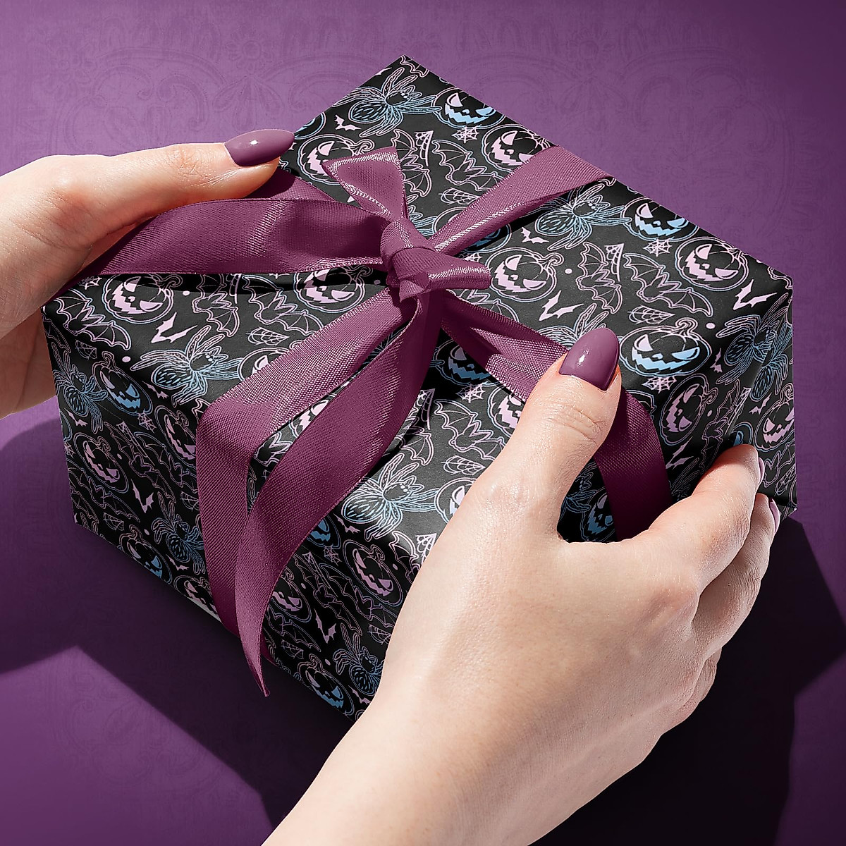 FIEHALA 12 Pcs Halloween Wrapping Paper Pink Pumpkin Skeleton Bat Design Gift Wrap Paper Folded Flat for Halloween Holiday Party - 20 x 28 Inches Per Sheet