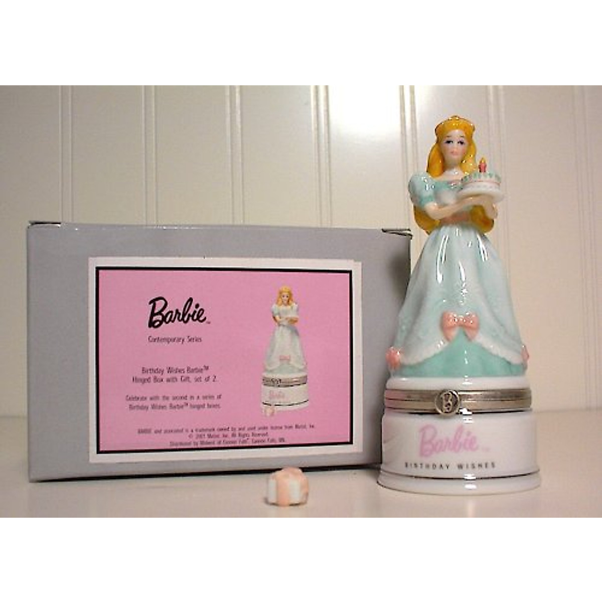 Barbie Birthday Wishes Blue with Present Trinket Porcelain Hinged Box Trinket Box