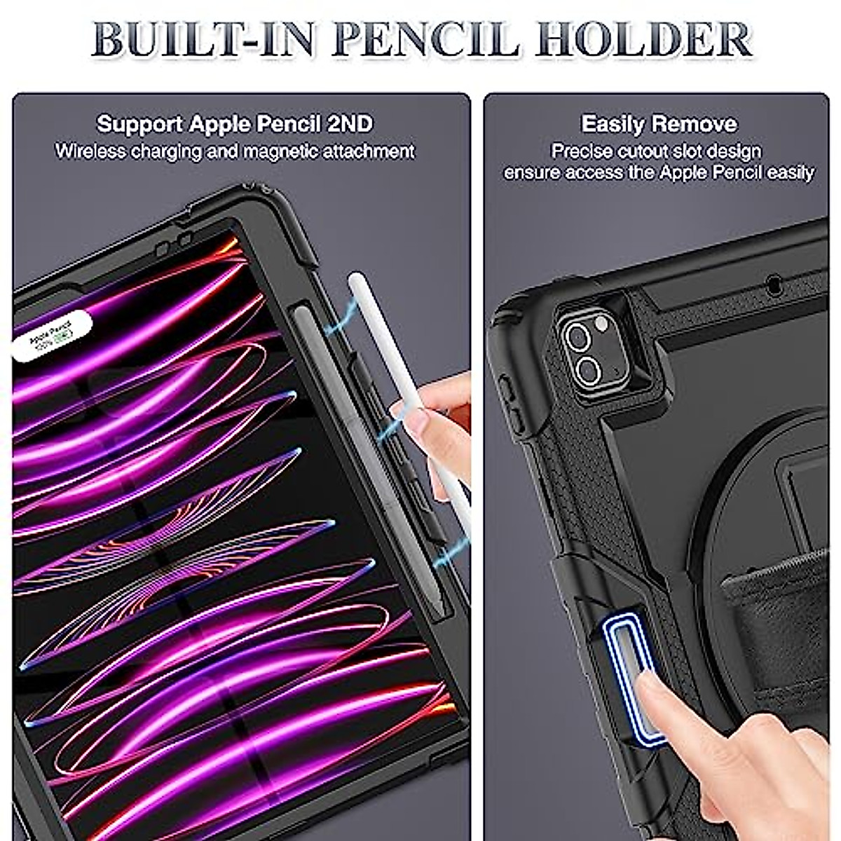 SEYMAC stock iPad Pro 12.9 Case (6th/5th/4th/3rd Gen), [Full-Body] Drop Protection Case with [Screen Protector] 360 Rotating Stand [Pencil Holder] Hand Strap for iPad Pro 12.9''2022-2018 (Black)