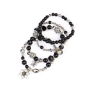 RIAH FASHION Bohemian Multi Strand Faux Pearl Bracelets - Layer Beaded Statement Stretch Lovely Crystal Bangles Star, Heart (Butterfly - Black)